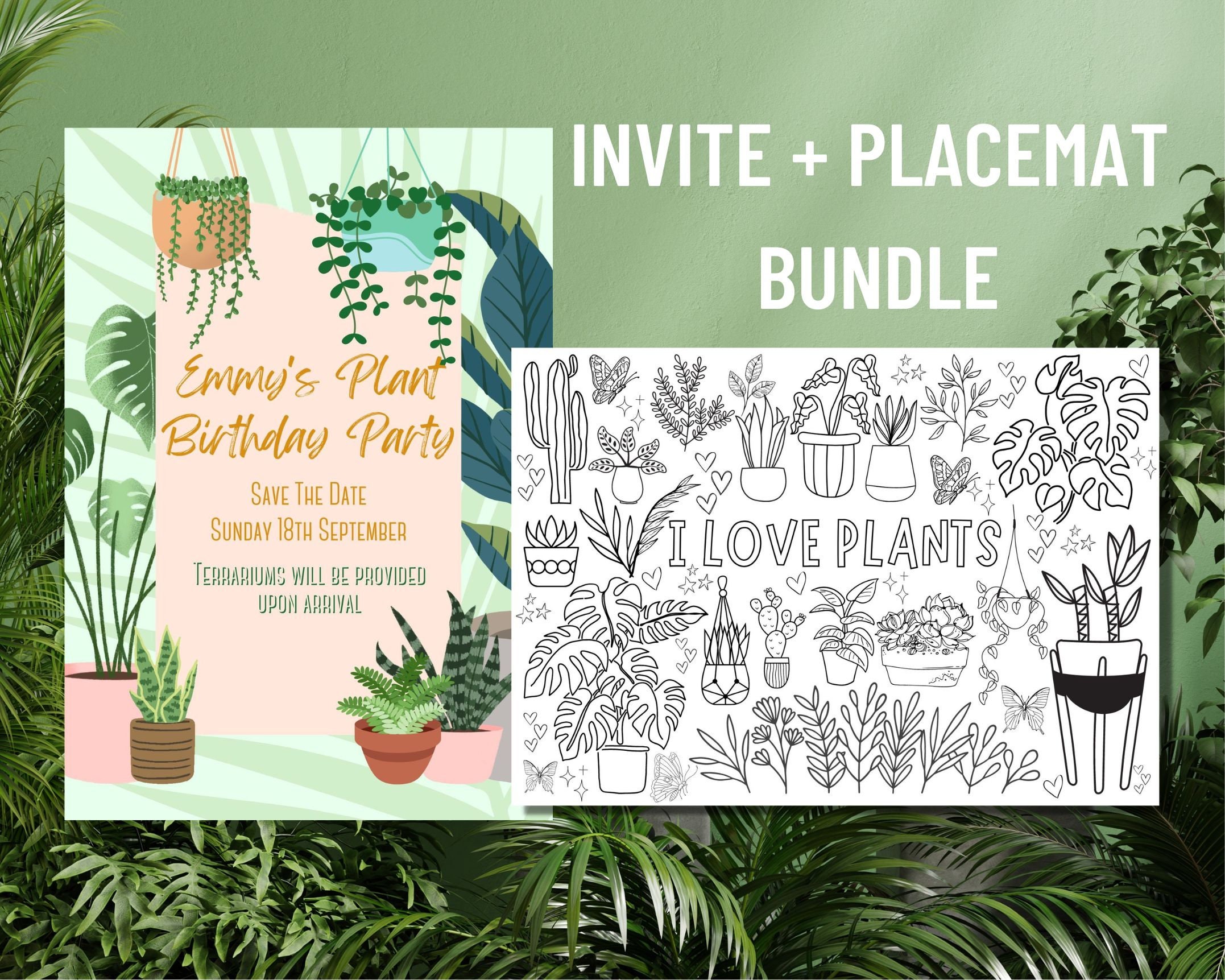 Digital Plant Birthday Invitation & Plant Colouring in Placemat Bundle ...