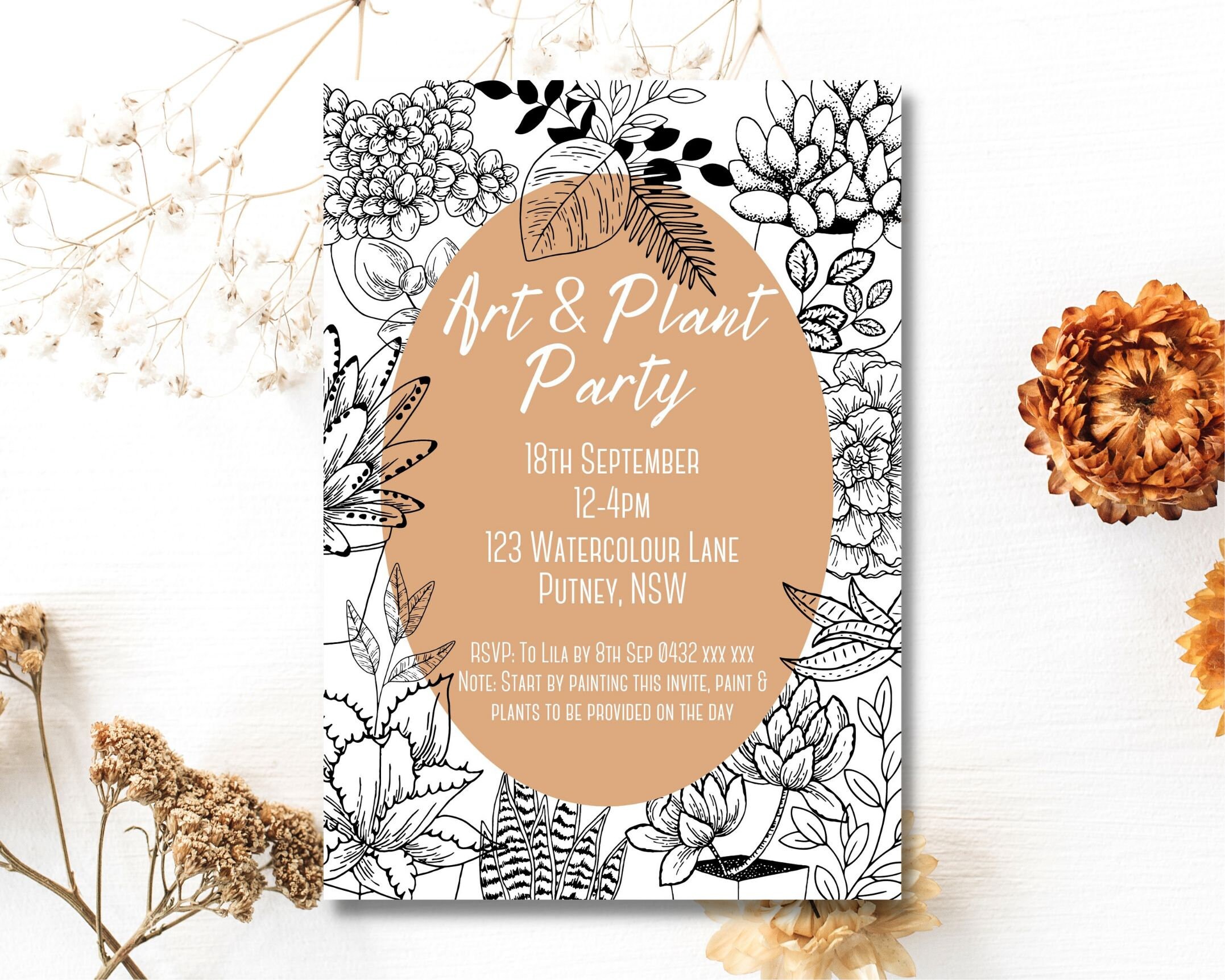 Digital Plant Birthday Invite Art and Plant Party Invite Painting and ...