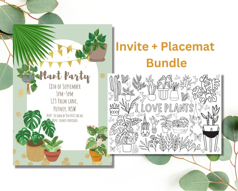 Digital Plant Birthday Invitation & Plant Colouring in Placemat Bundle ...