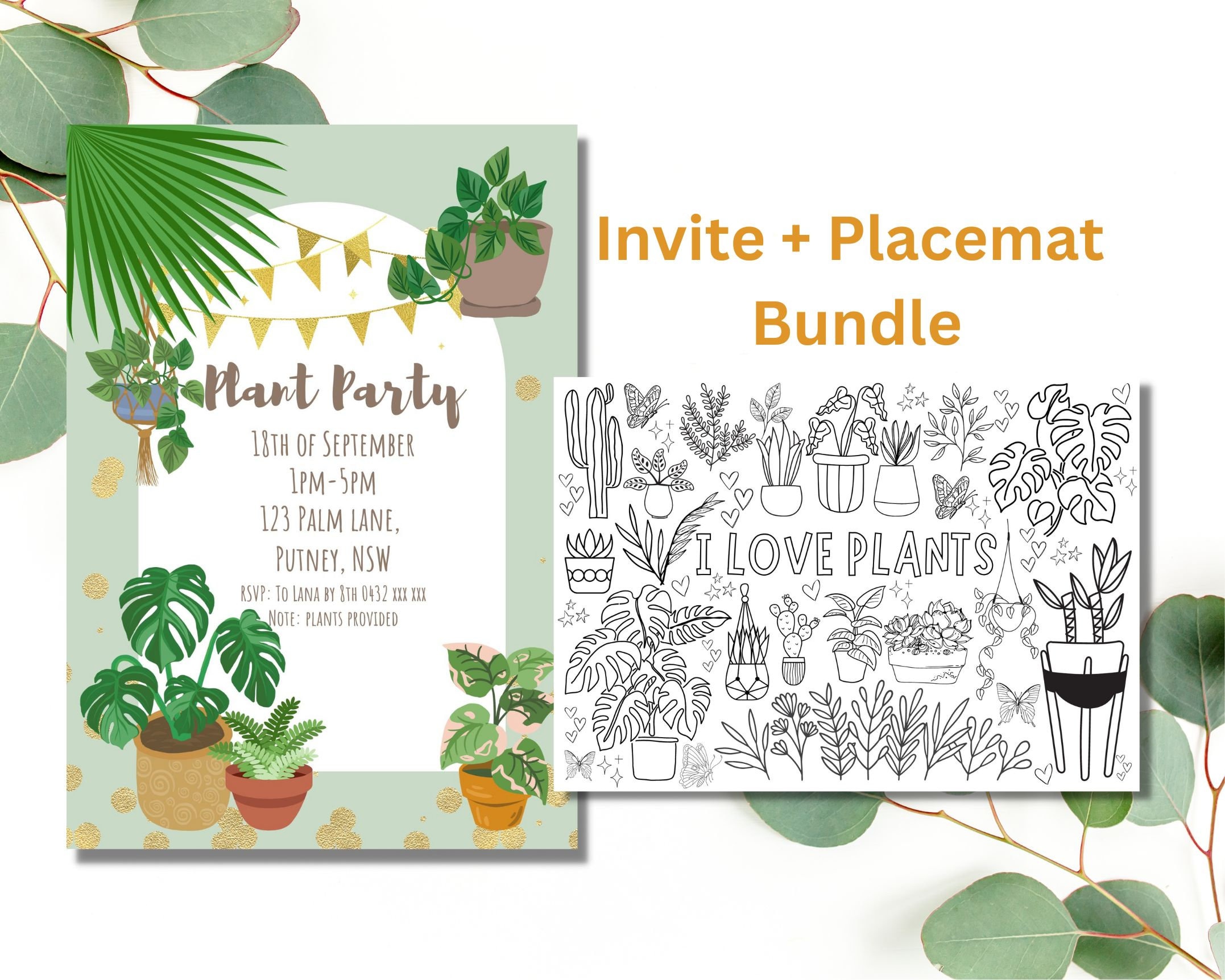 Digital Plant Birthday Invitation & Plant Colouring in Placemat Bundle ...
