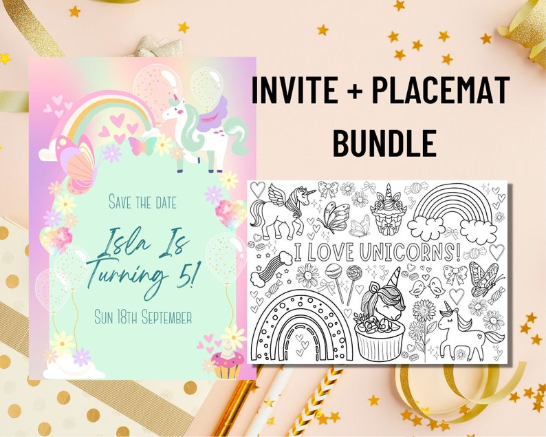 Digital Pastel Rainbow Unicorn Birthday Invitation & Unicorn Colouring ...
