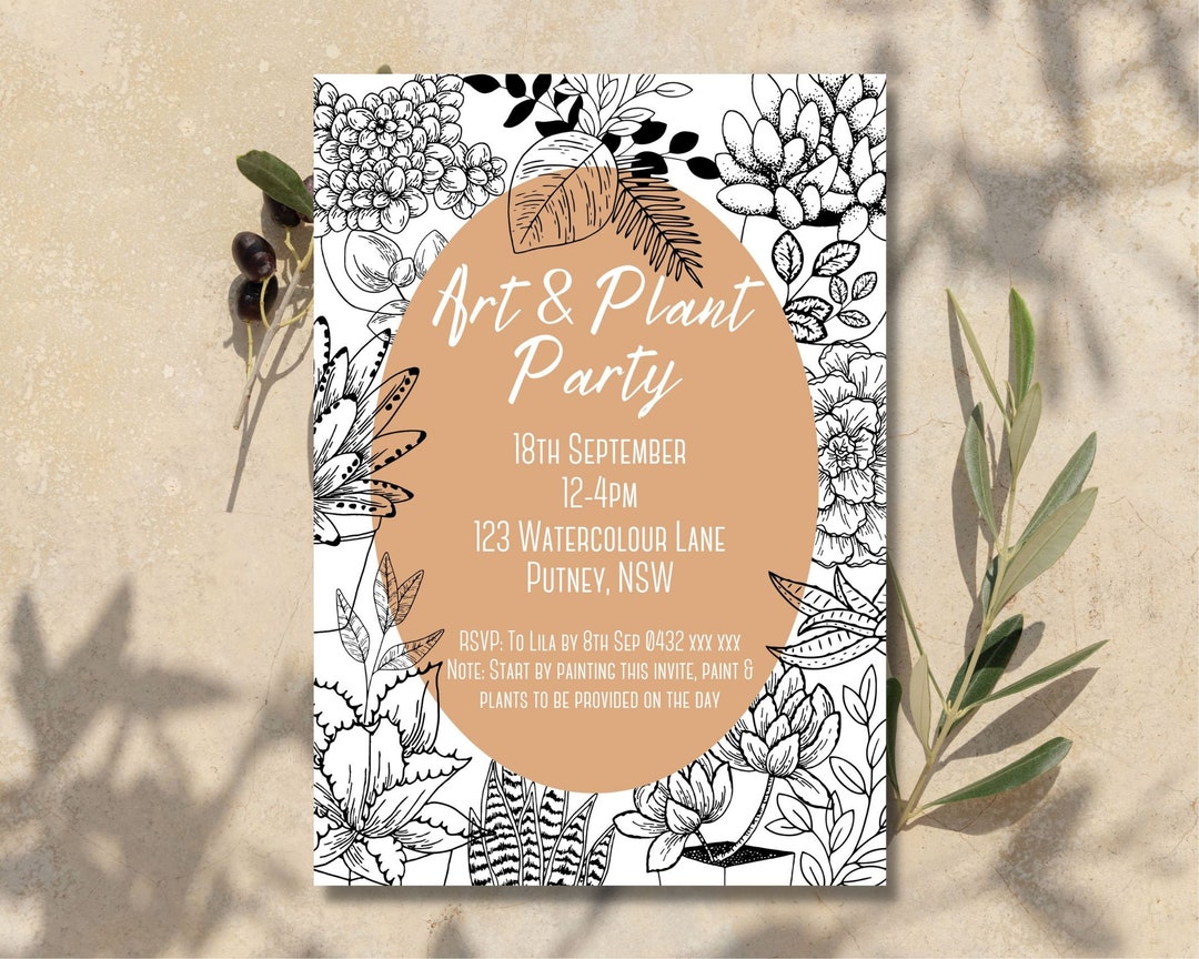 Digital Plant Birthday Invite Art and Plant Party Invite Painting and ...
