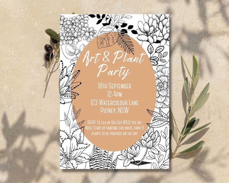 Digital Plant Birthday Invite Art and Plant Party Invite Painting and ...
