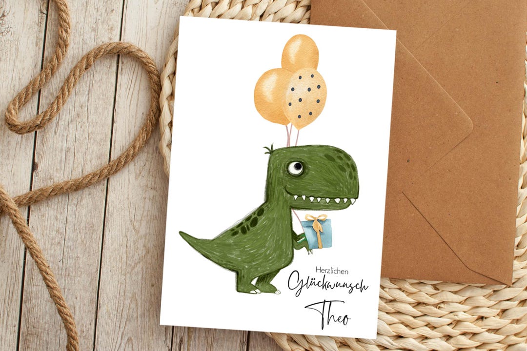 Dino Card Birthday DIN A6 Greeting Card Cool Postcard Dots Balloon ...