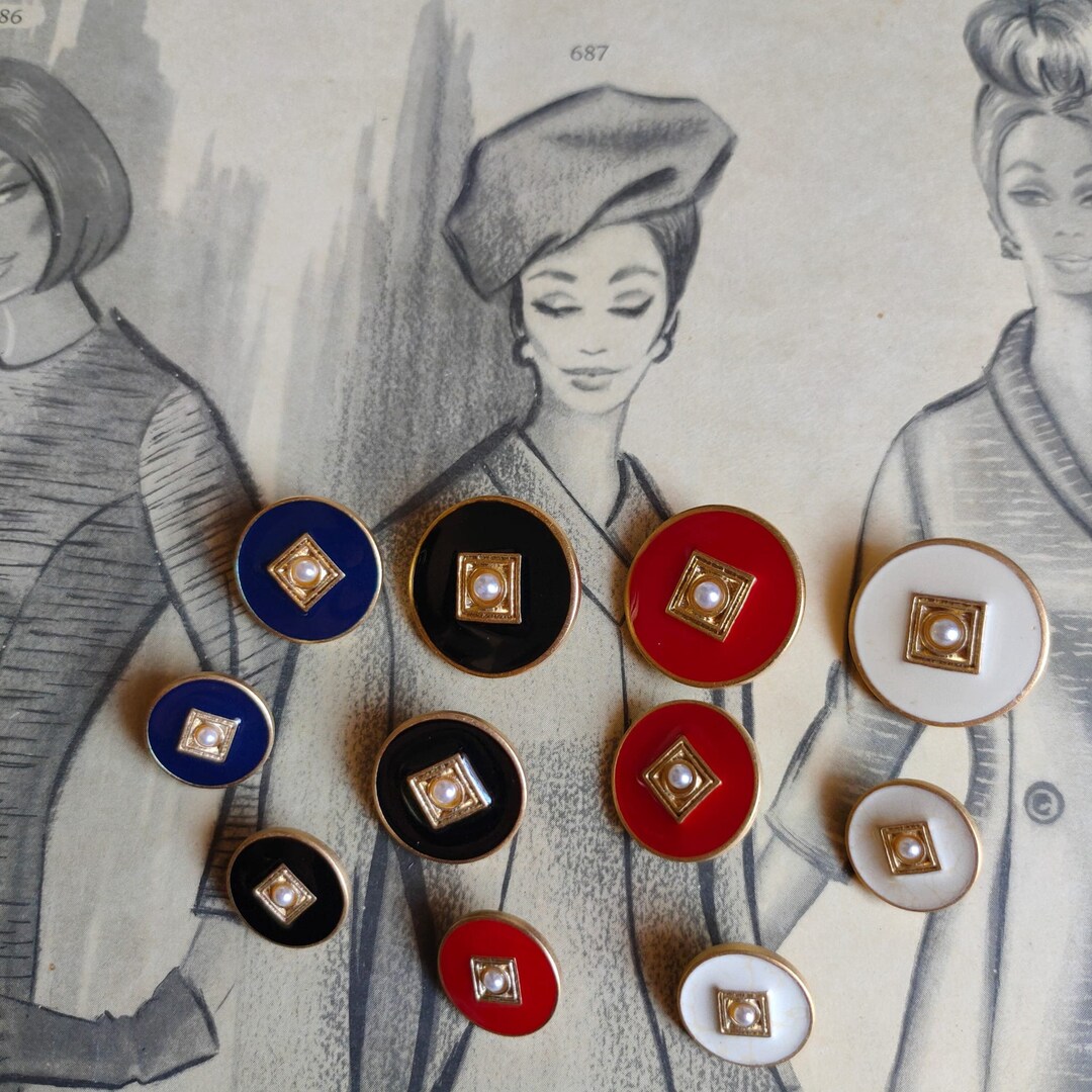 5 Gold Enamel Buttons, Pearl Buttons, Black Buttons, Red Buttons, Navy Buttons, Cream Buttons ...