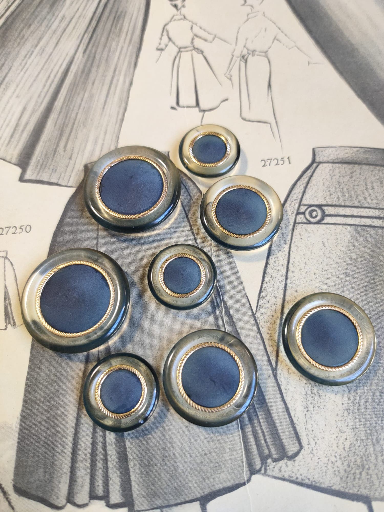 6 Blue, Gold and Transparent Buttons, Blue Button, Blue Coat Button ...