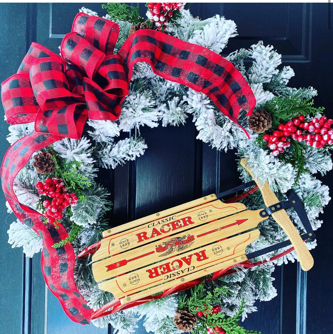 Christmas Snow Sled Wreath, Christmas Buffalo Plaid Wreath, Flocked ...