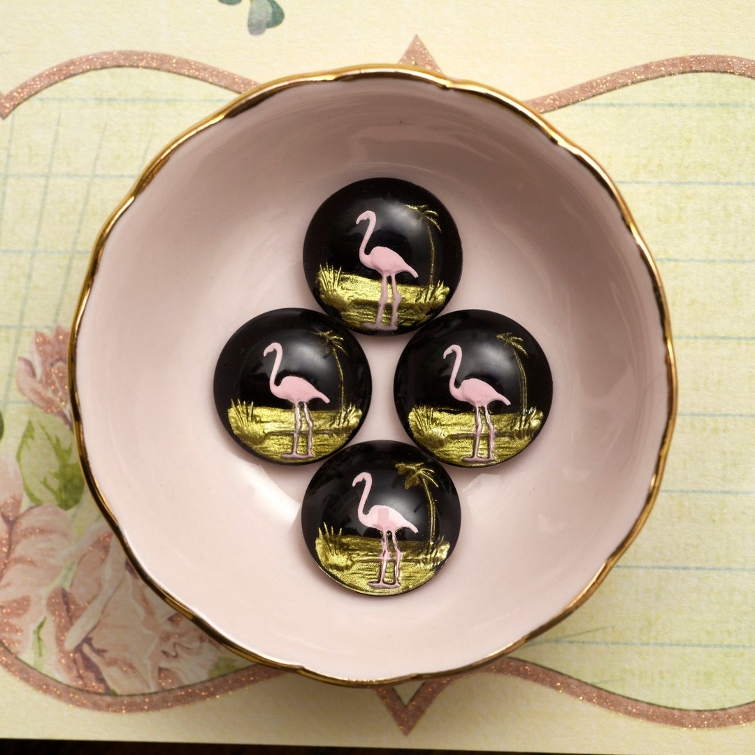 2 Vintage 1950's Pink Flamingo Glass Hand-painted Intaglio Cabochons ...