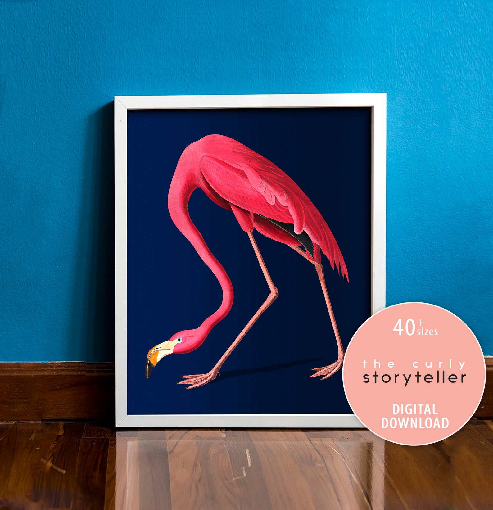 Vintage Flamingo Print Retro Illustration Eclectic Navy | Etsy