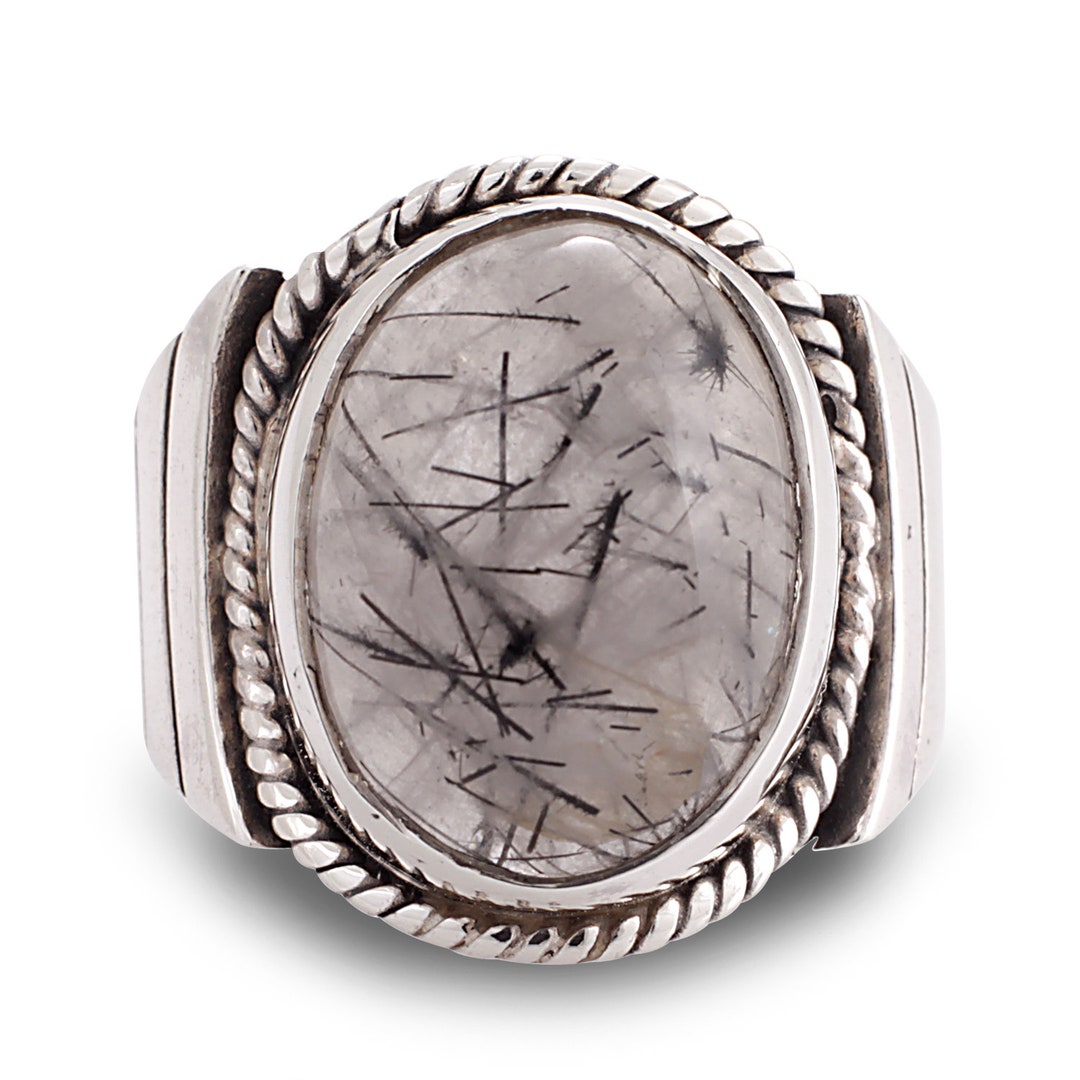 SUVANI 925 Sterling Silver Natural Black Rutile Quartz Gemstone Oval ...