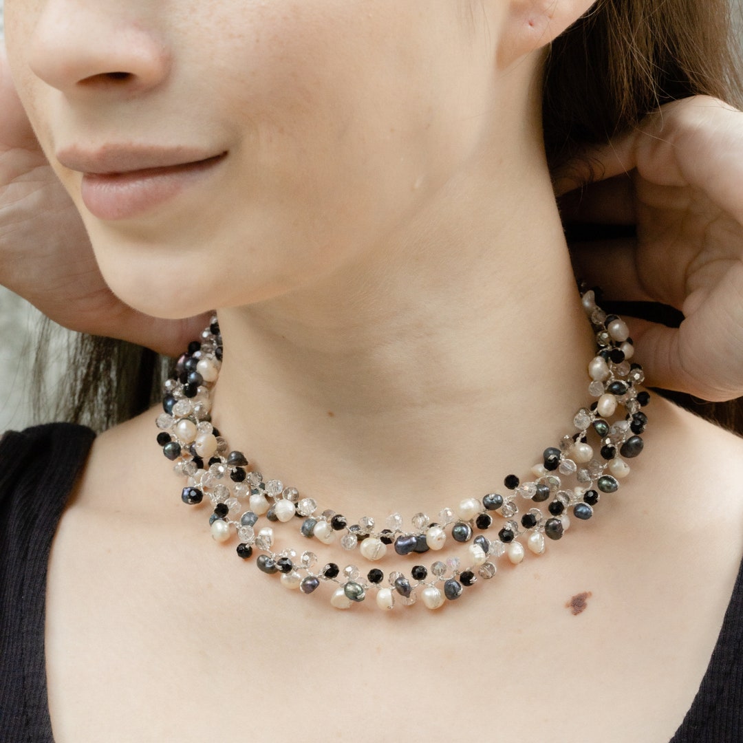 SUVANI Natural Black White Cultured Freshwater Pearl 2-strand Cluster ...