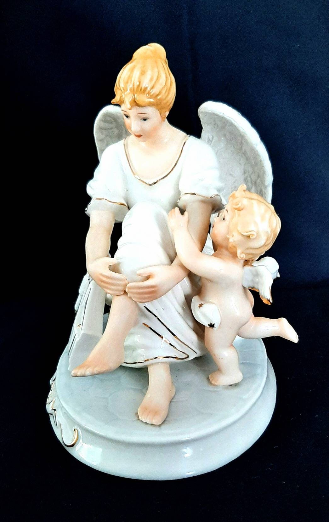O'well White Fine Porcelain Angel Figurine With Baby Cherub and Harp - Etsy