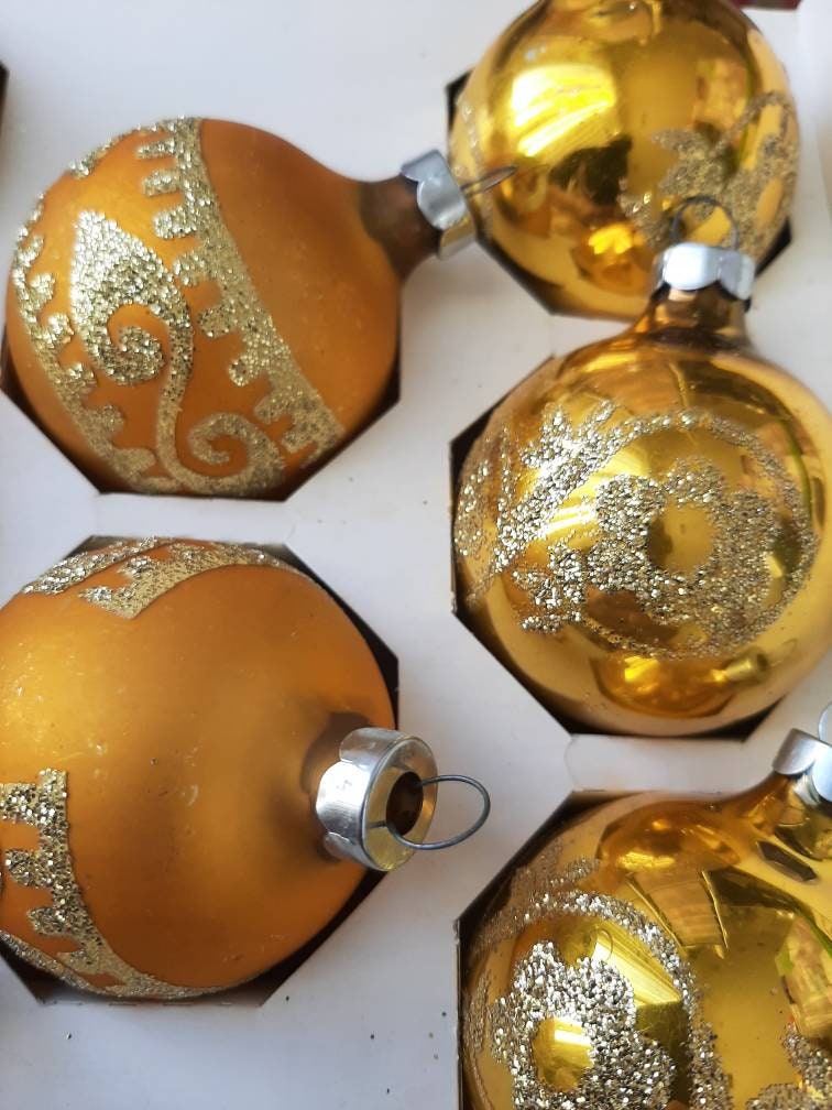 Vintage Holly Gold Glass Christmas Ornament Box Set, Original Box Holly ...