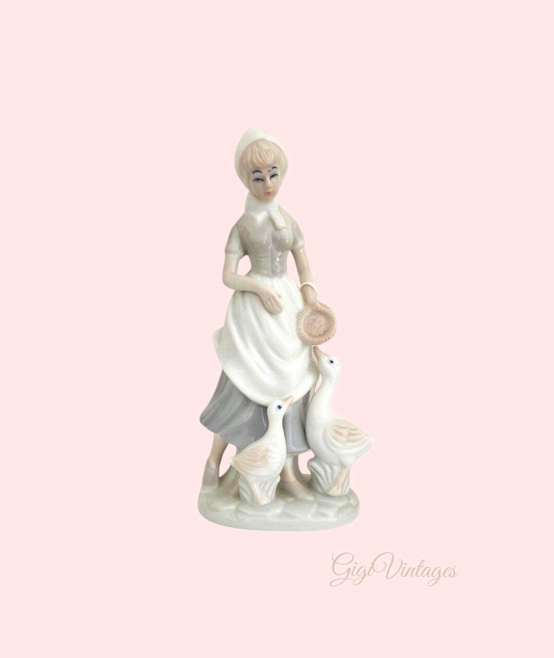 Porcelain Farm Girl Figurine Feeding Geese, Webb Japan, Muted Colours ...