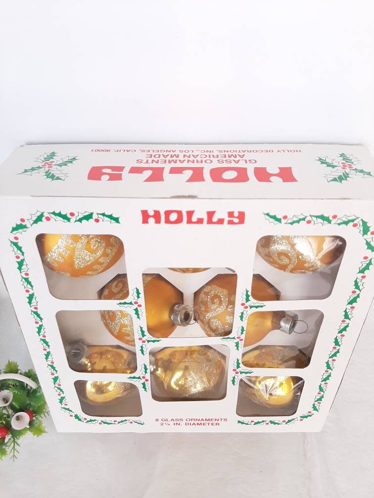 Vintage Holly Gold Glass Christmas Ornament Box Set, Original Box Holly ...