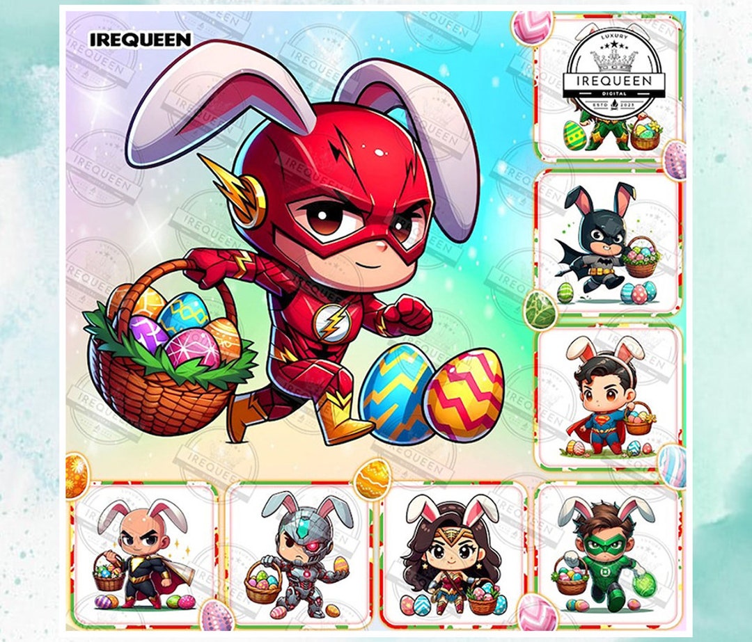 8 Chibi Superhero Easter Cartoon Png Bundle, Cartoon Easter Png, Happy ...