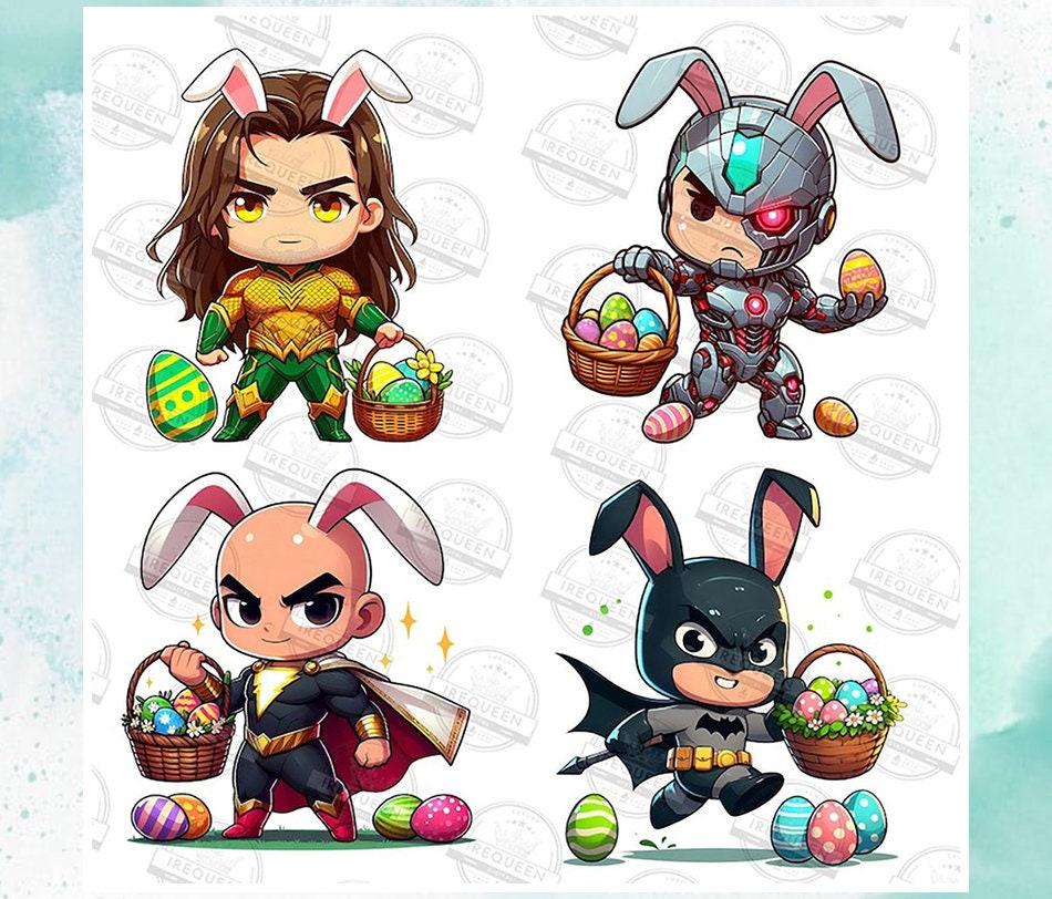 8 Chibi Superhero Easter Cartoon Png Bundle, Cartoon Easter Png, Happy ...