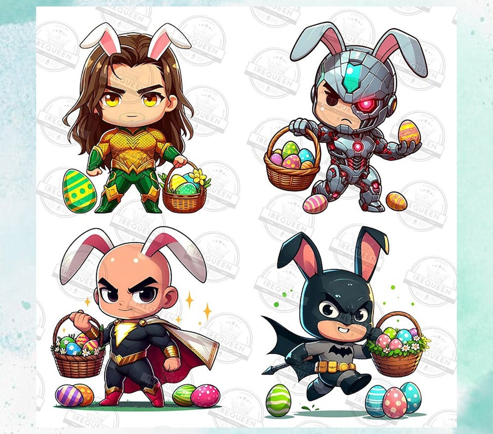 8 Chibi Superhero Easter Cartoon Png Bundle, Cartoon Easter Png, Happy ...