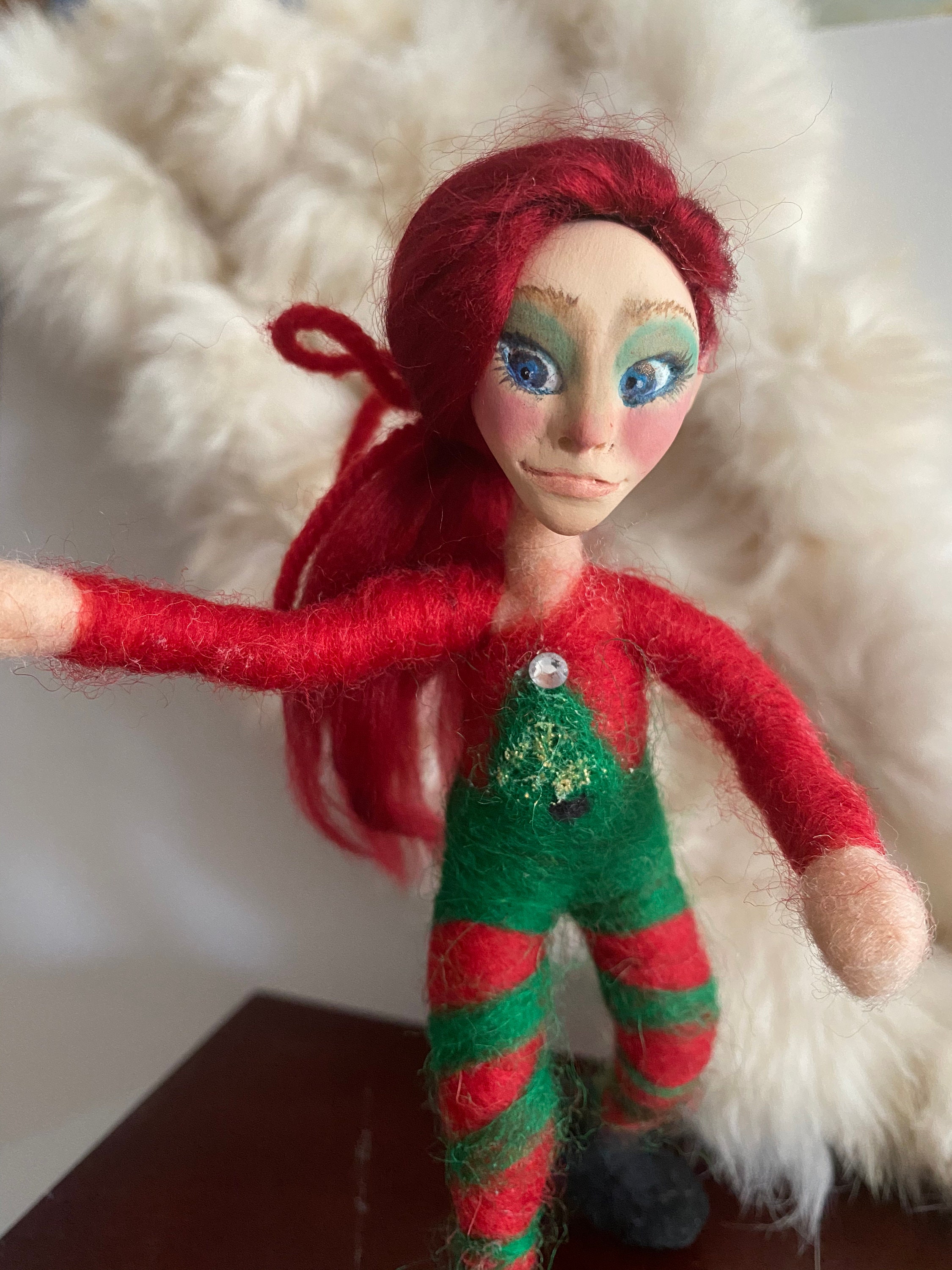 Red haired 5 inch girl elf Santas helper in red and green | Etsy