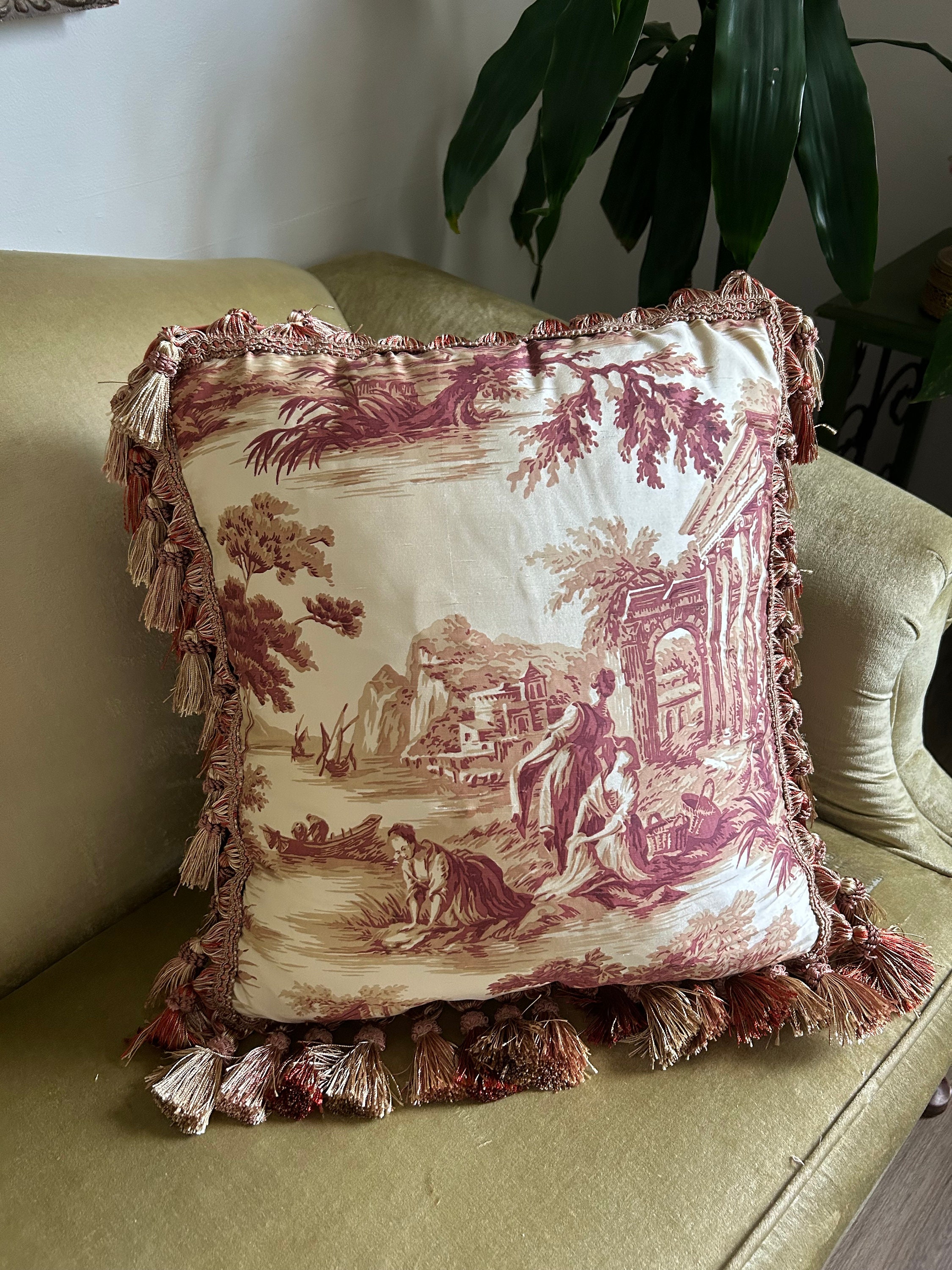 Dark Red Mauve Toile Pillow on Light Gold With Tassel Fringe - Etsy