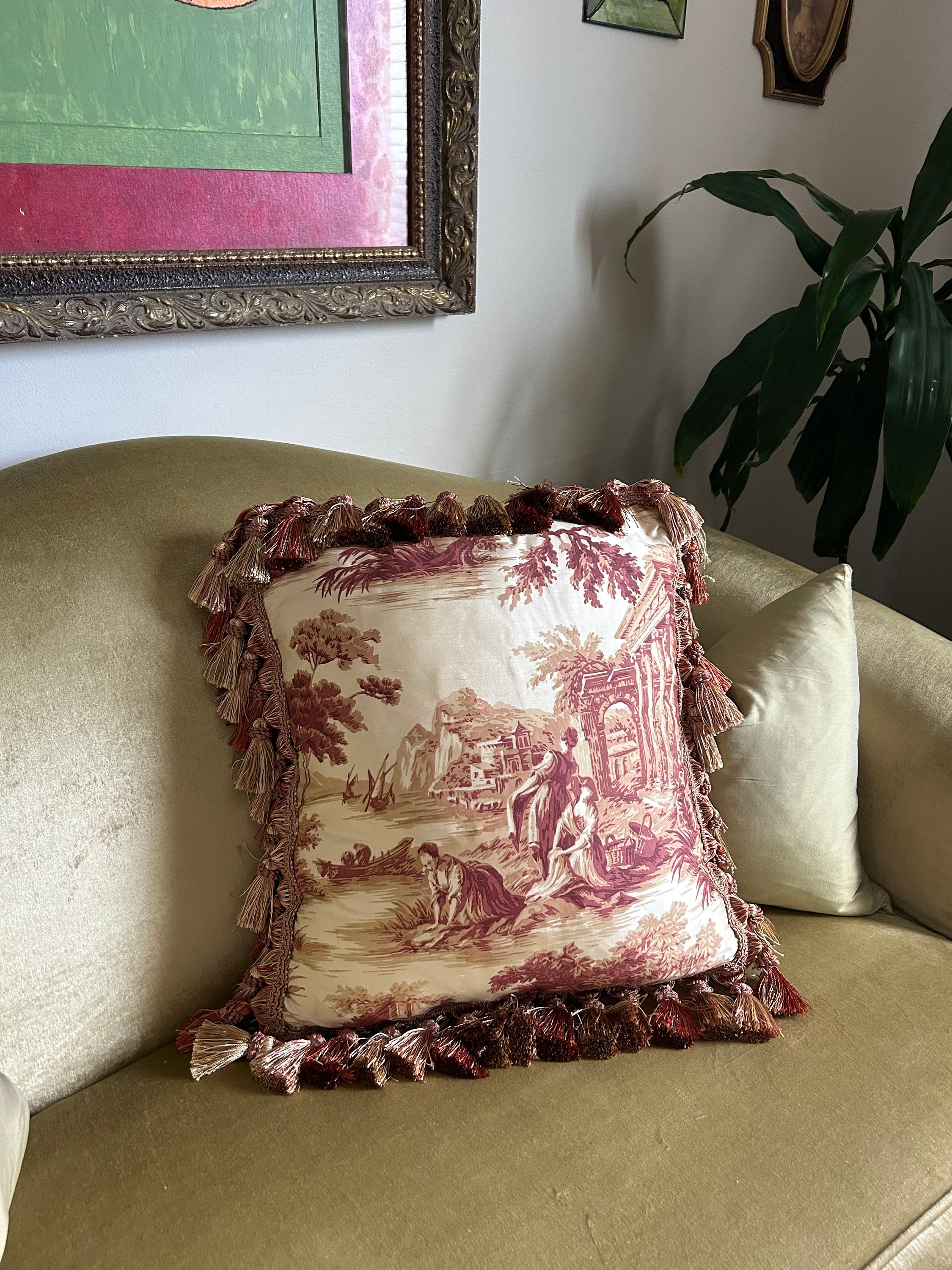 Dark Red Mauve Toile Pillow on Light Gold With Tassel Fringe - Etsy