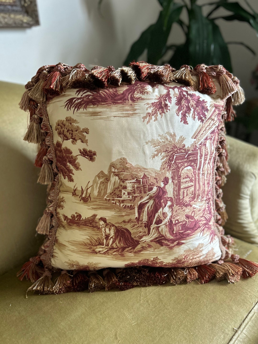 Dark Red Mauve Toile Pillow on Light Gold With Tassel Fringe - Etsy