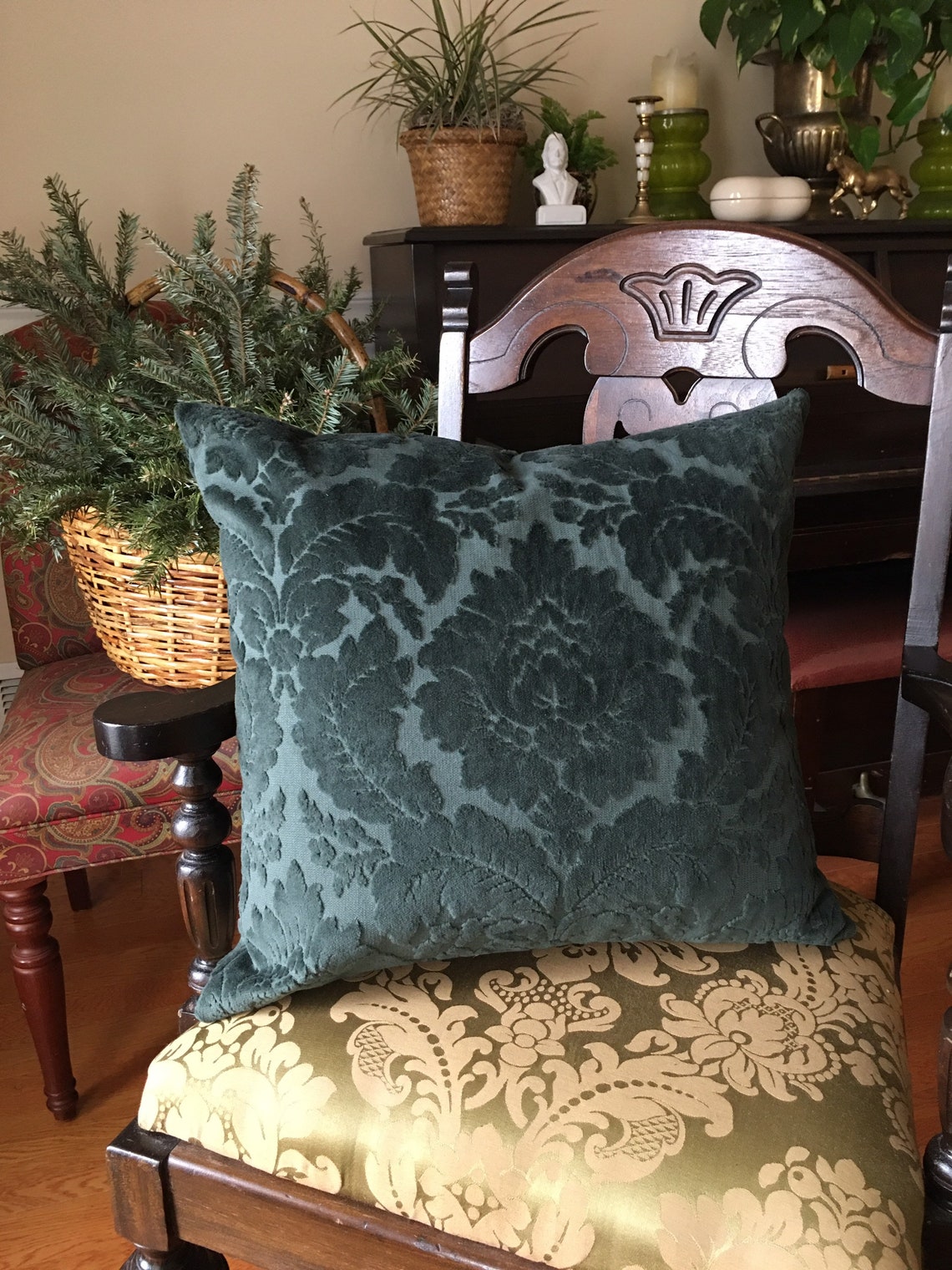Forest Green Velvet Damask 18x18 Decorative Down Filled - Etsy