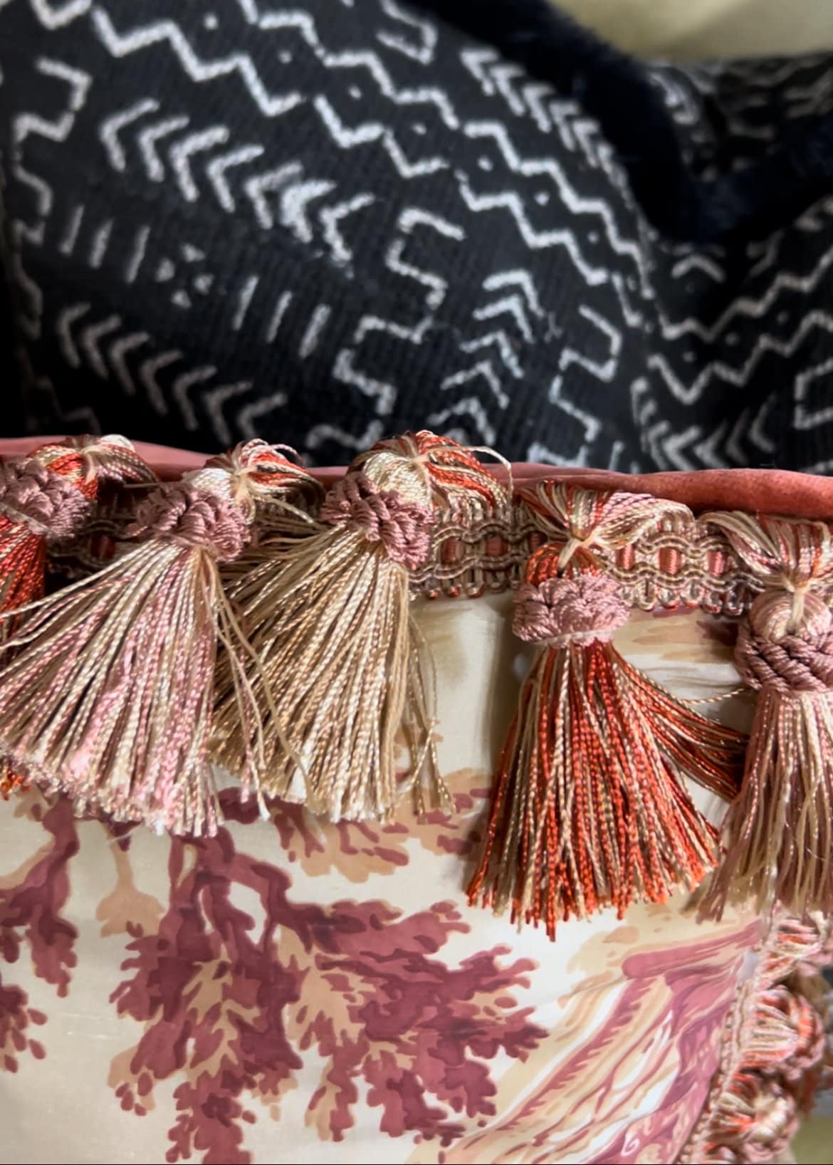 Dark Red Mauve Toile Pillow on Light Gold With Tassel Fringe - Etsy