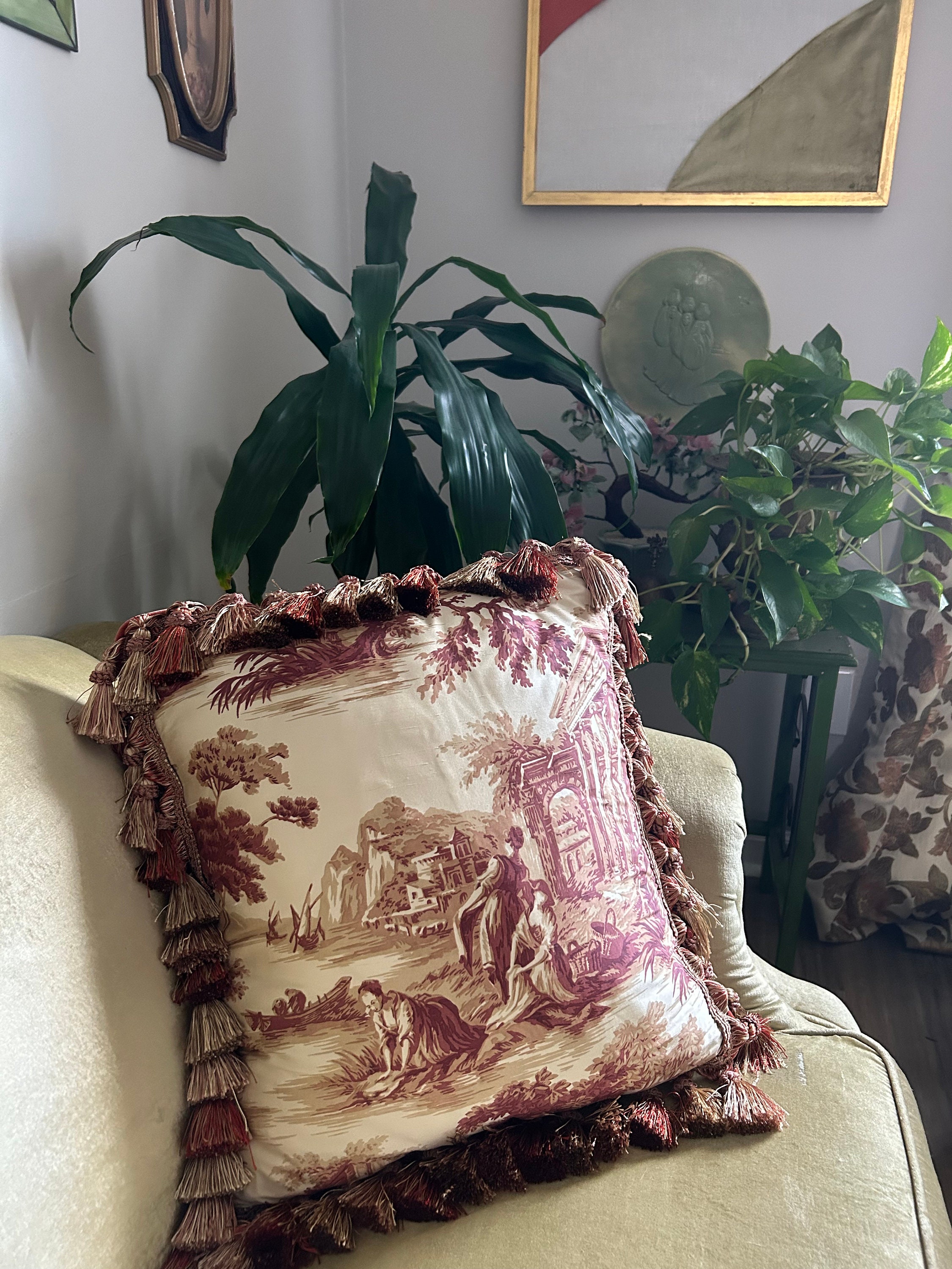 Dark Red Mauve Toile Pillow on Light Gold With Tassel Fringe - Etsy