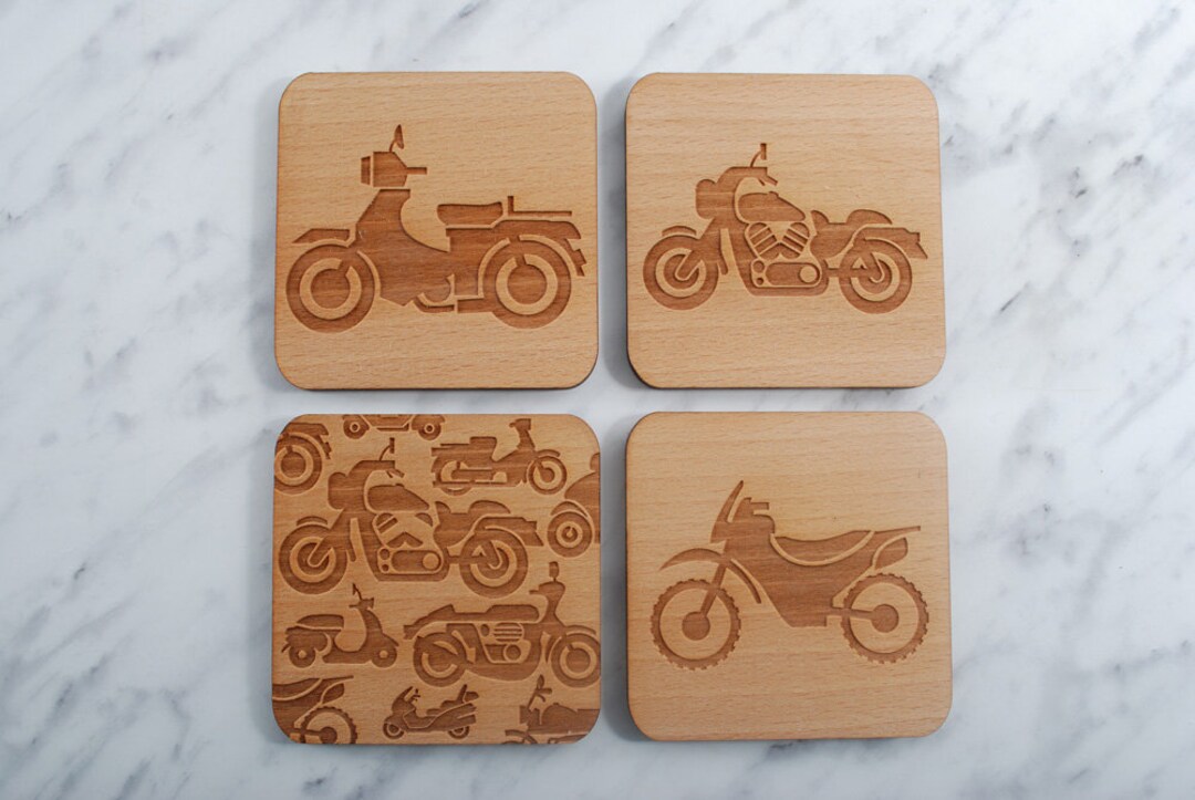 MOTORCYCLE Wooden Coasters, Set of Engraved Coasters, Gift for Father ...