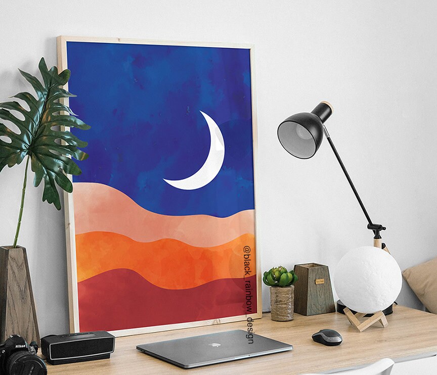 Retro Moon Desert Print Nighttime Mid Century Art Boho | Etsy