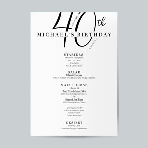 Elegant Printed Birthday Menu Cards, Stylish Party Buffet Card, Modern ...