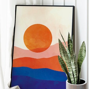 Retro pink tones ocean sunset print 70s water colour blocking | Etsy