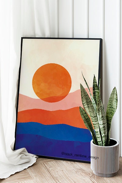 Retro pink tones ocean sunset print 70s water colour blocking | Etsy