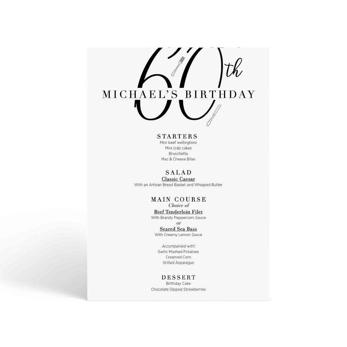 Elegant Printed Birthday Menu Cards, Stylish Party Buffet Card, Modern ...