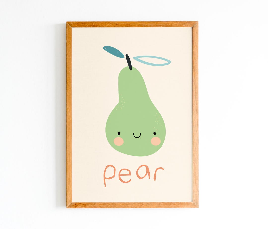 Cute Pear Print, Kids Fruit Poster, Kawaii Nursery Wall Art, Playroom ...