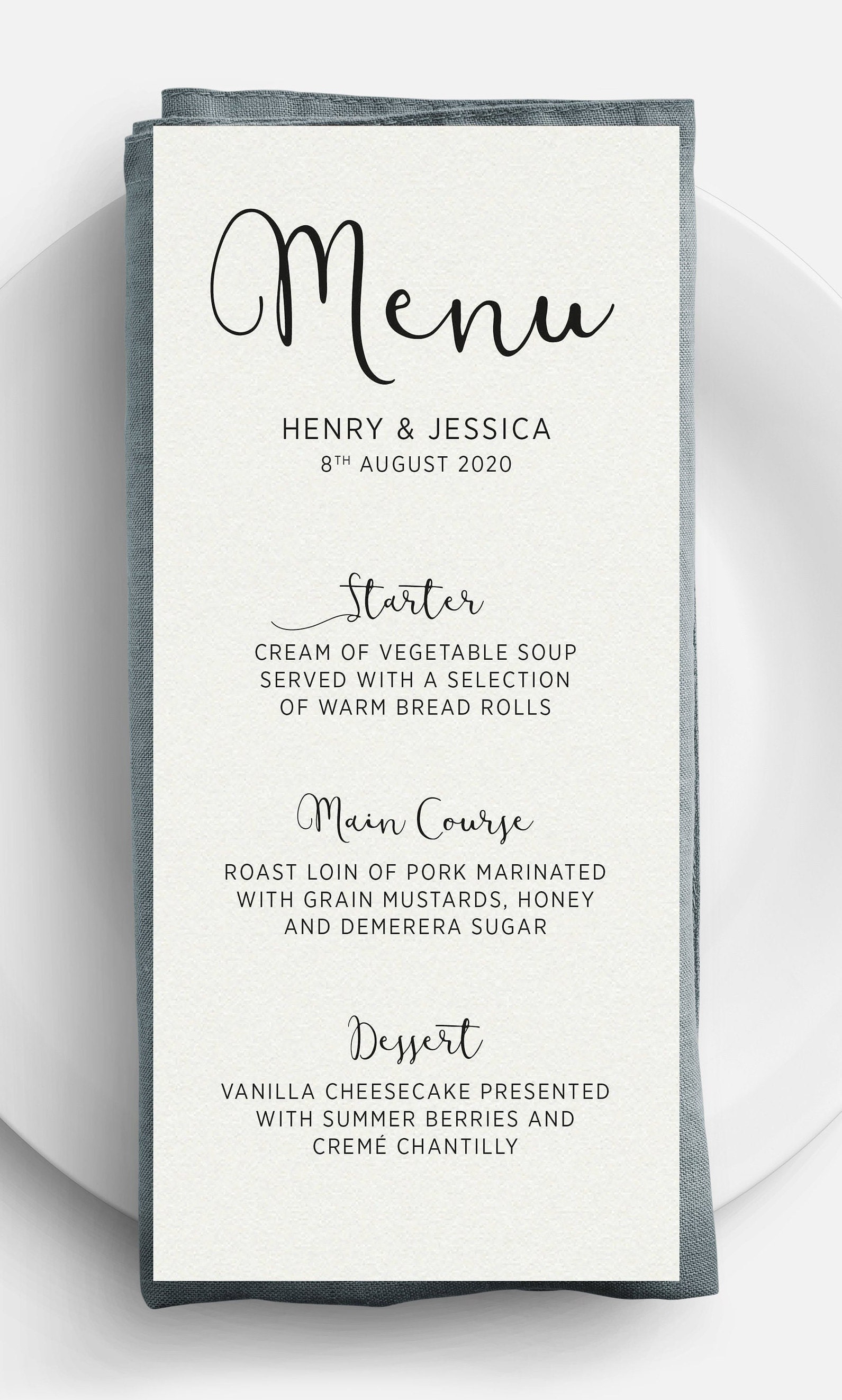 Elegant printed wedding menu cards Minimalist menu card | Etsy