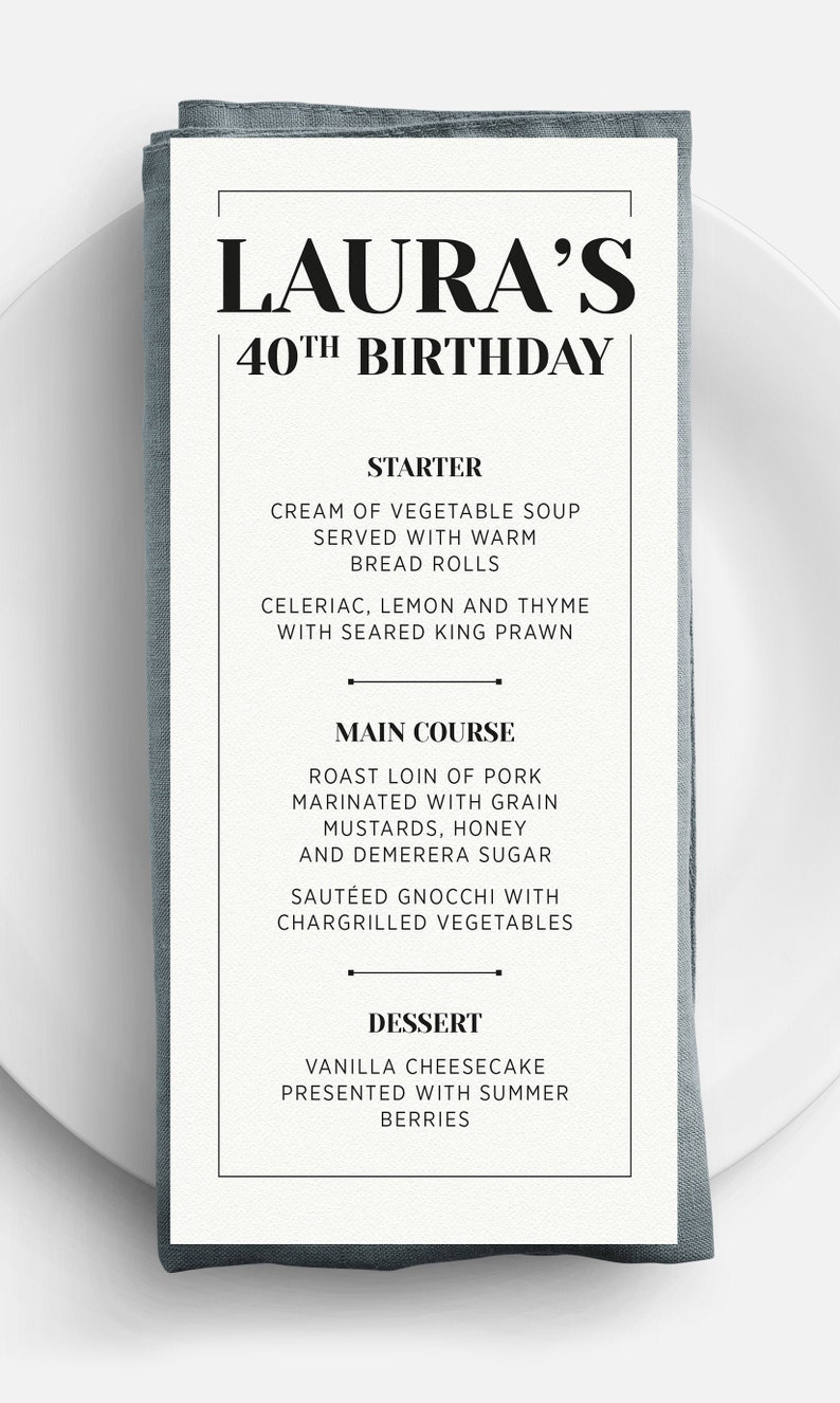 Minimalist 40th Menu Card With Modern Calligraphy Stylish | Etsy