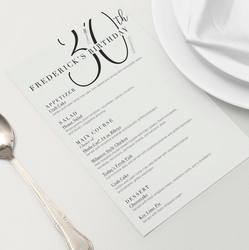 Elegant Printed Birthday Menu Cards Minimalist 30th Party - Etsy
