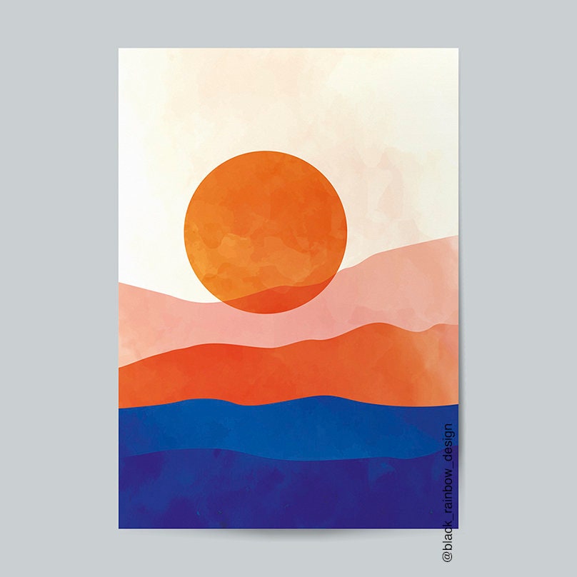 Retro pink tones ocean sunset print 70s water colour blocking | Etsy