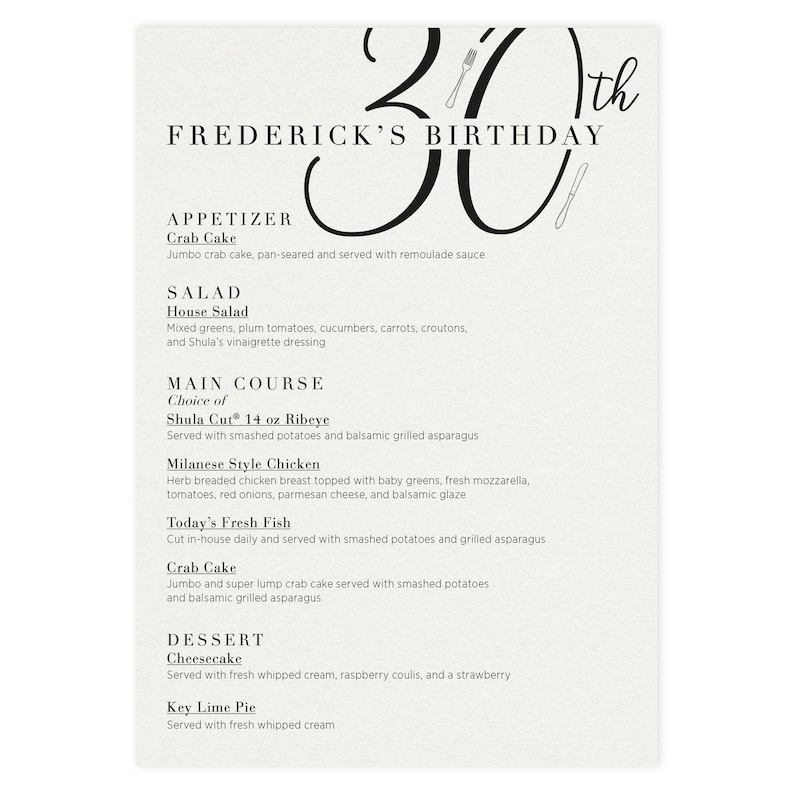 Elegant Printed Birthday Menu Cards Minimalist 30th Party - Etsy