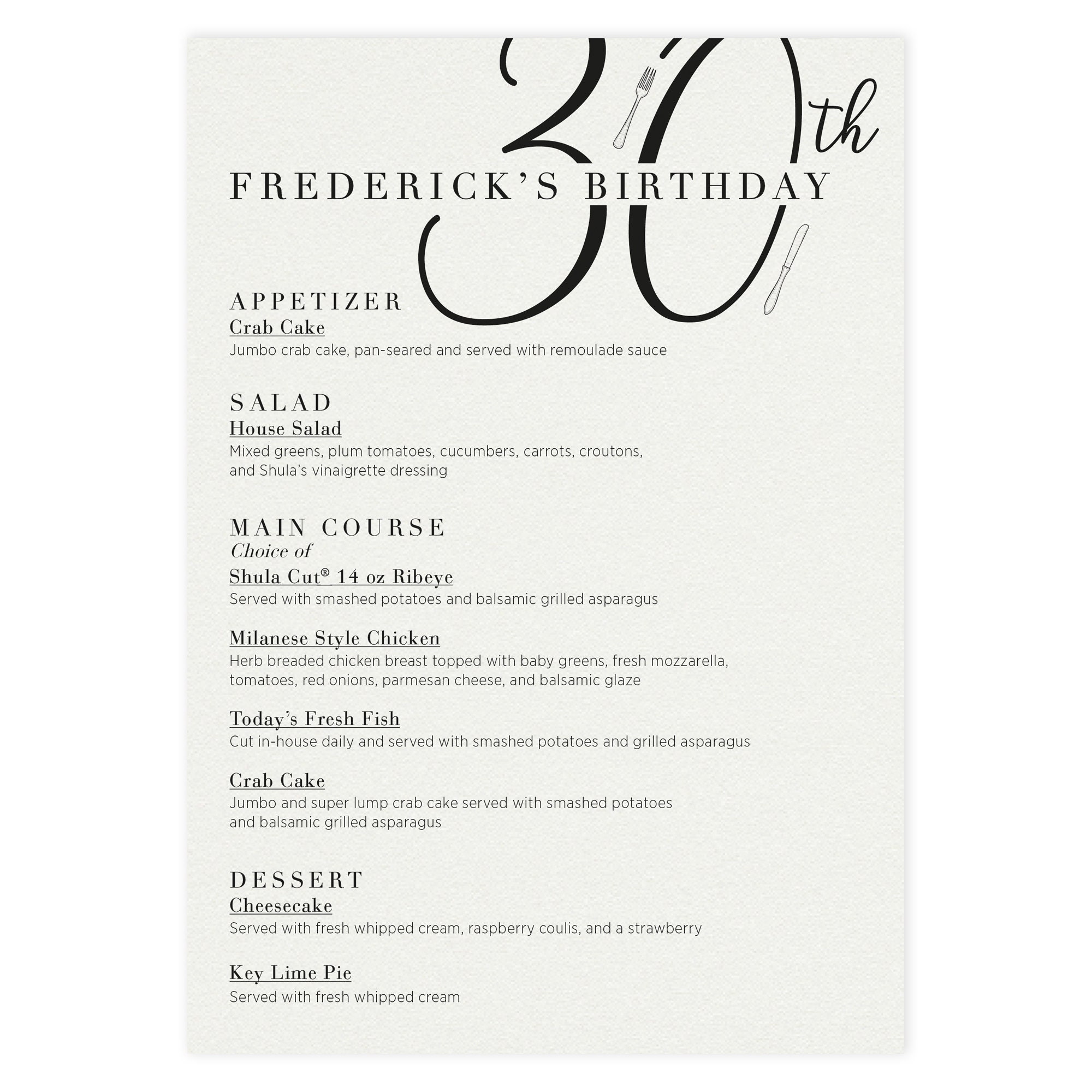Elegant Printed Birthday Menu Cards Minimalist 30th Party - Etsy UK