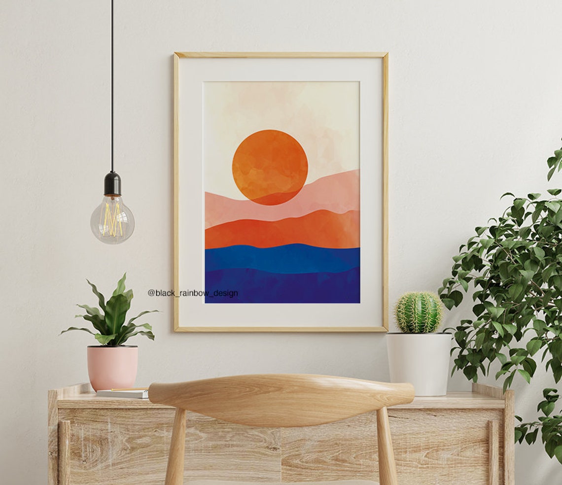 Retro pink tones ocean sunset print 70s water colour blocking | Etsy