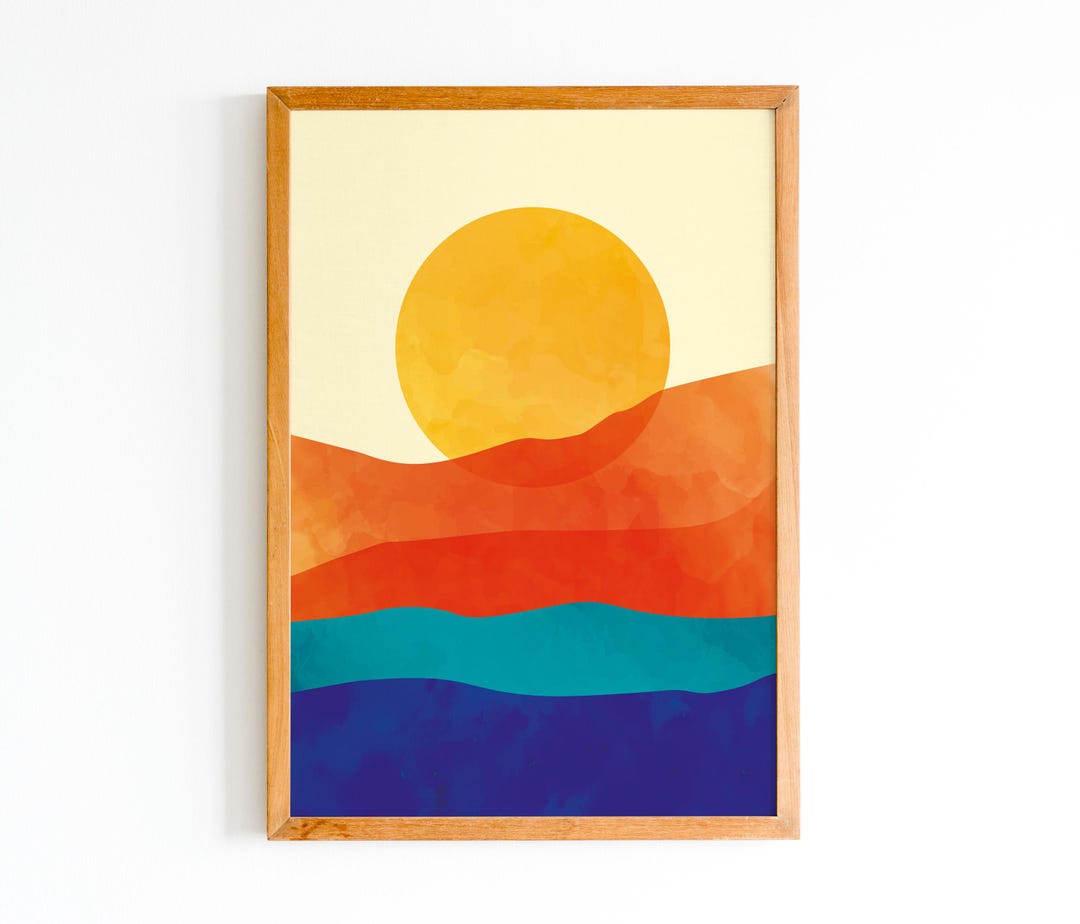 Retro Sunset Ocean Print, Mid-century Modern Abstract Horizon Art, Boho ...