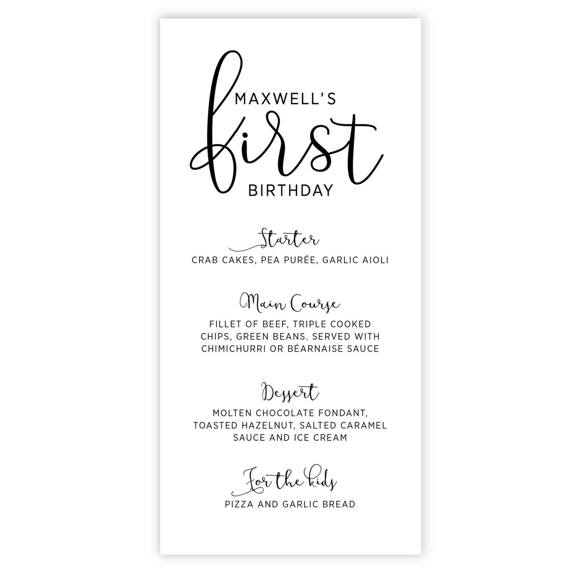 Stylish Printed Birthday Menu Cards Minimalist Children's - Etsy Canada