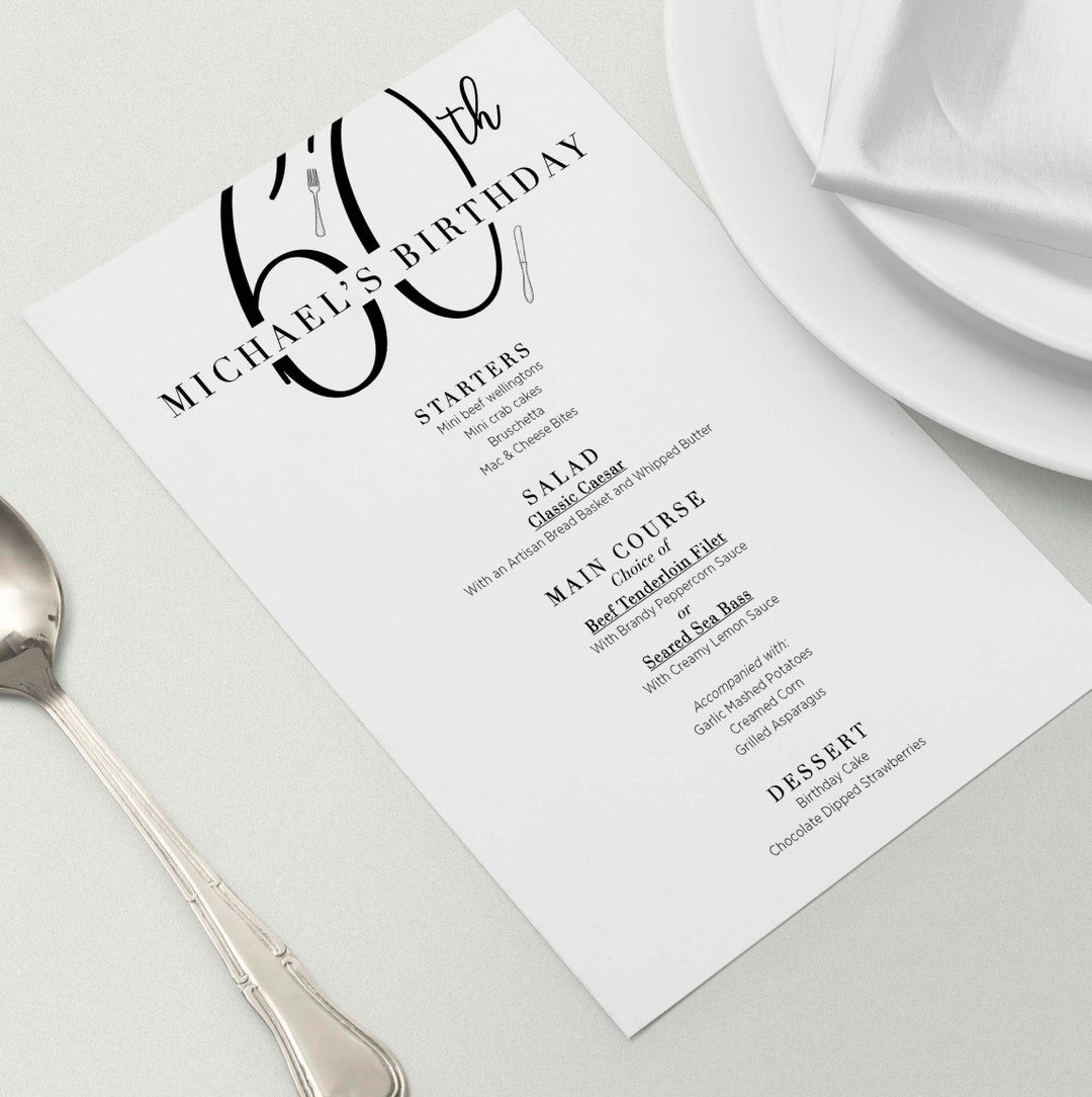 Elegant Printed Birthday Menu Cards, Stylish Party Buffet Card, Modern ...