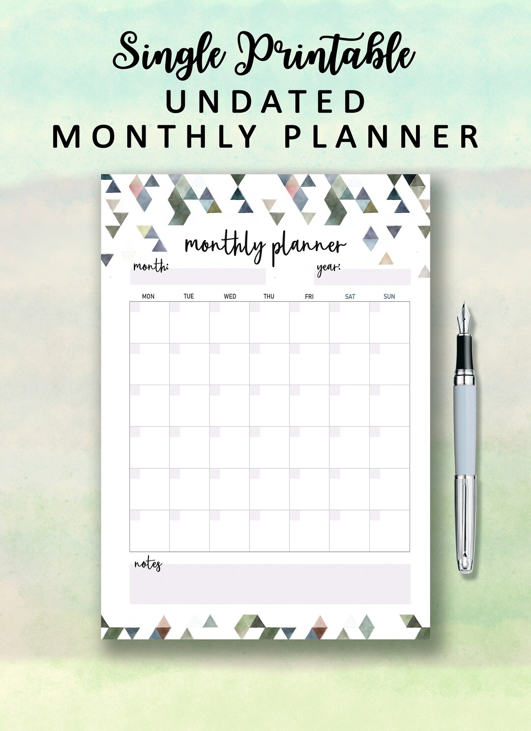 PRINTABLE Undated Monthly Planner, Undated, Blank, PDF, A4, Triangles ...