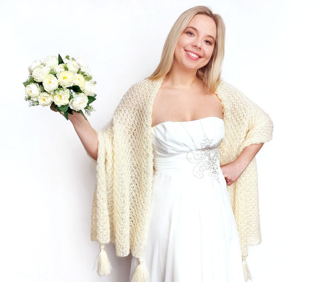 Ivory Mohair Bridal Shawl, Wedding Knitted Shoulder Scarf, Wrap for ...