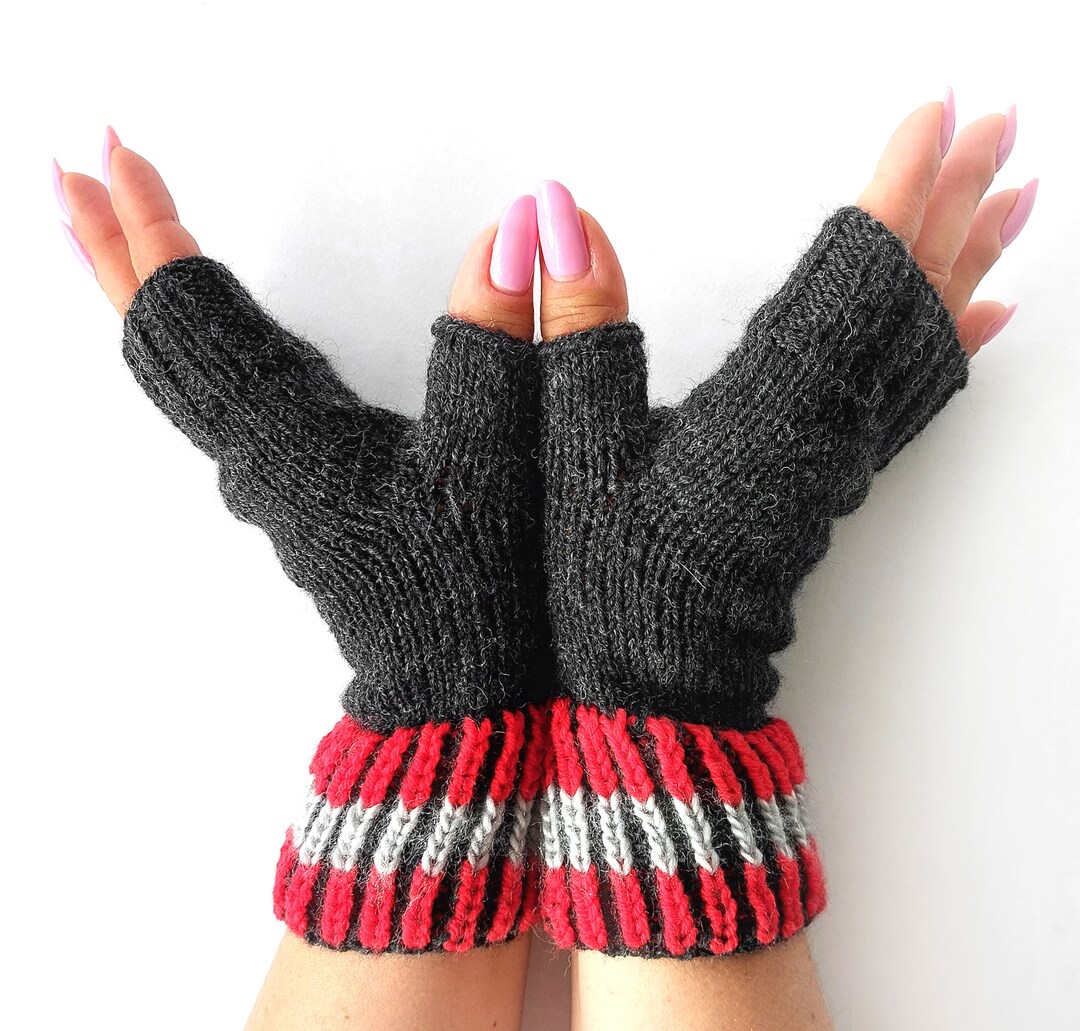Black and Red Fingerless Gloves, Black Knitted Hand Warmers, Wrist ...