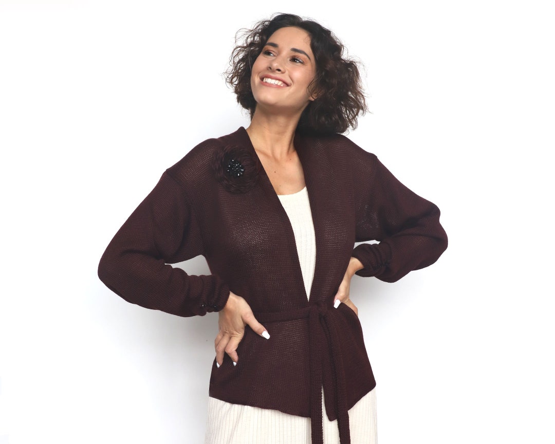 Knitted Raisin Color Jacket, Rosewood Color Cardigan, Dark Maroon ...